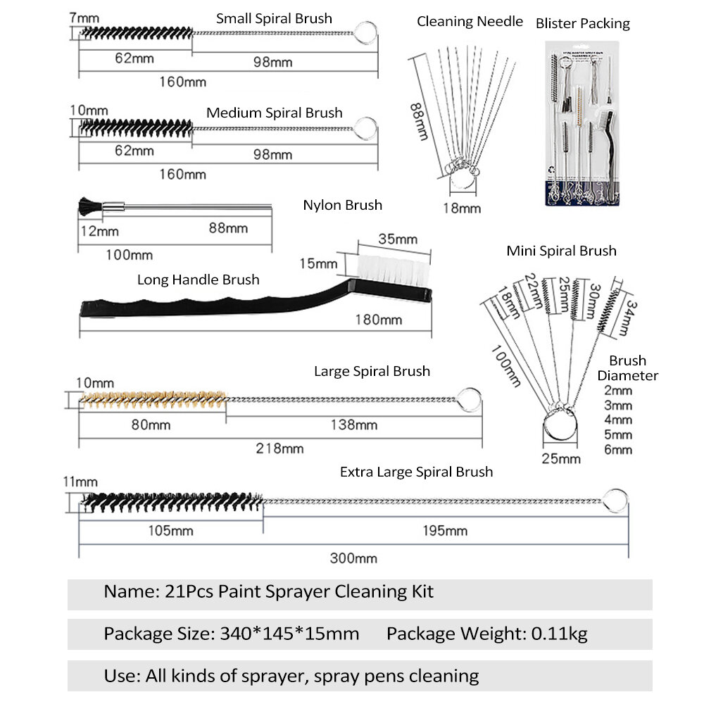 21 шт. Многоцелевой набор для чистки распылителя краски, нейлоновые щетки, мини-щетки и иглы, металлическая щетка для чистки сопел аэрографа, оборудование для татуировок
