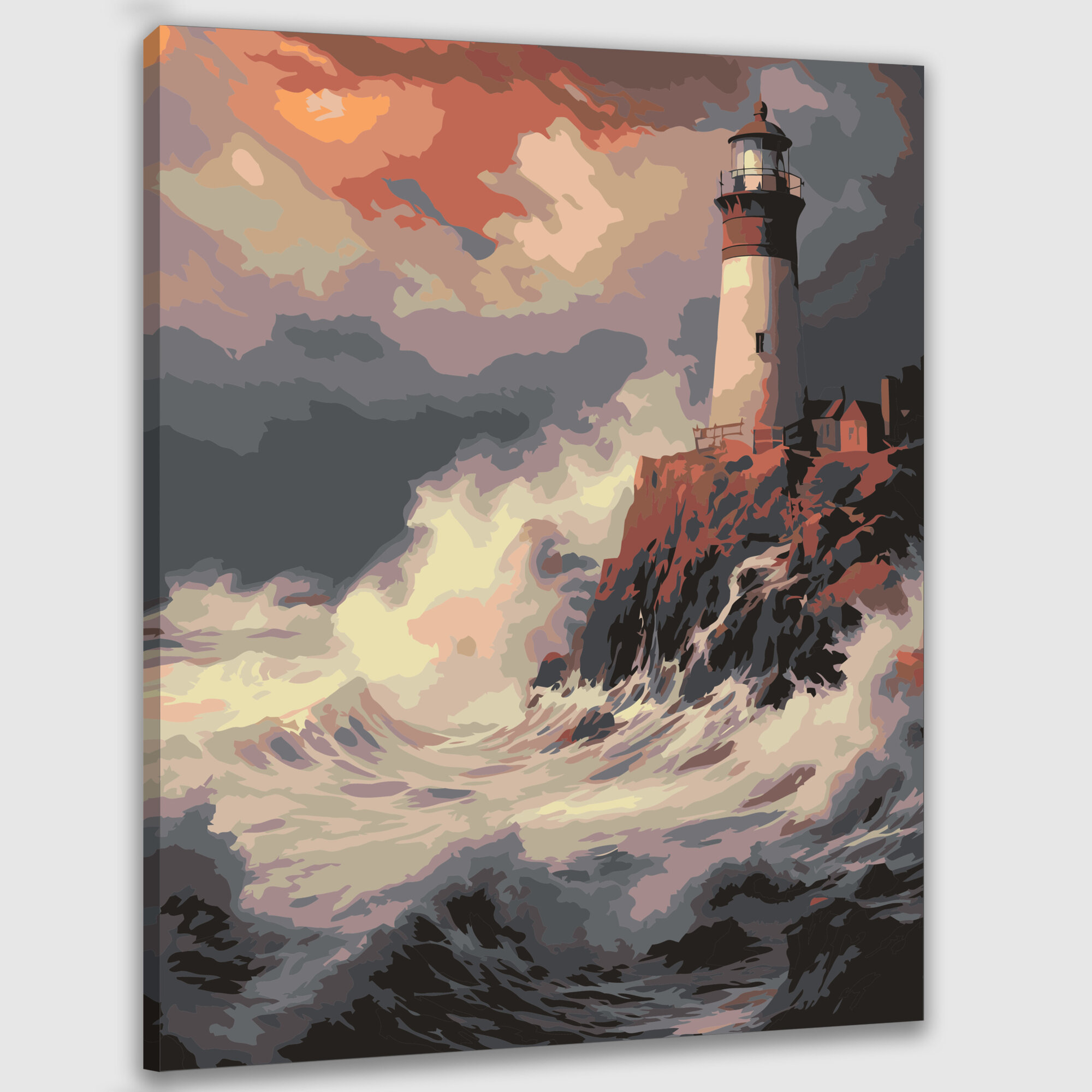 Картина по номерам 40x50 см, масляная картина, маяк, скалистый утес, штормовое море, драматичные облака, предвкушение