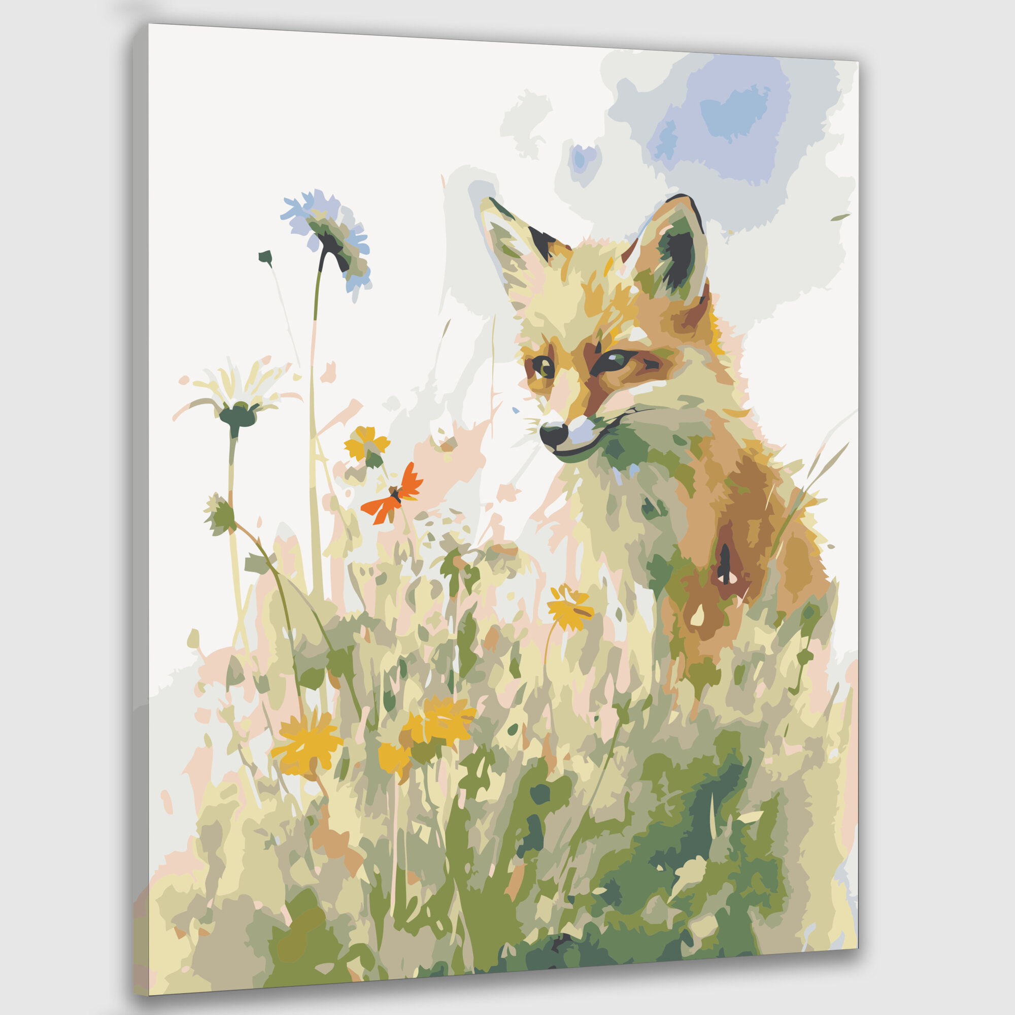 Картина по номерам 40x50 см, акварельная картина, ребенок, лиса, встреча, солнце, луг, взгляды, единение, полевые цветы
