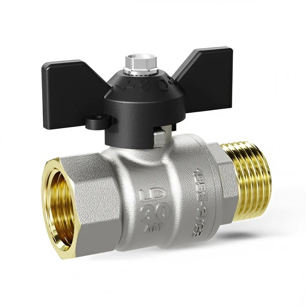 Кран шаровой латунь никель Pride Ду 20 Ру40 ВР/НР бабочка черная аналог 11б27п1 LD 47.20. В-Н. Б