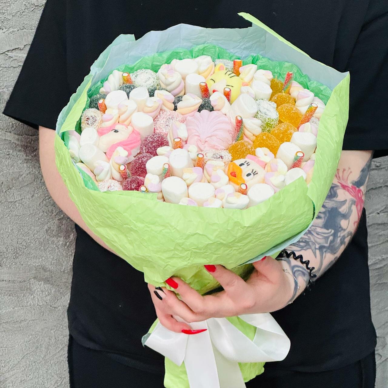 Сладкий детский букет из мармелада, зефира, маршмеллоу. Зефирный букет для девочки. Подарок на День рождения, Пасху