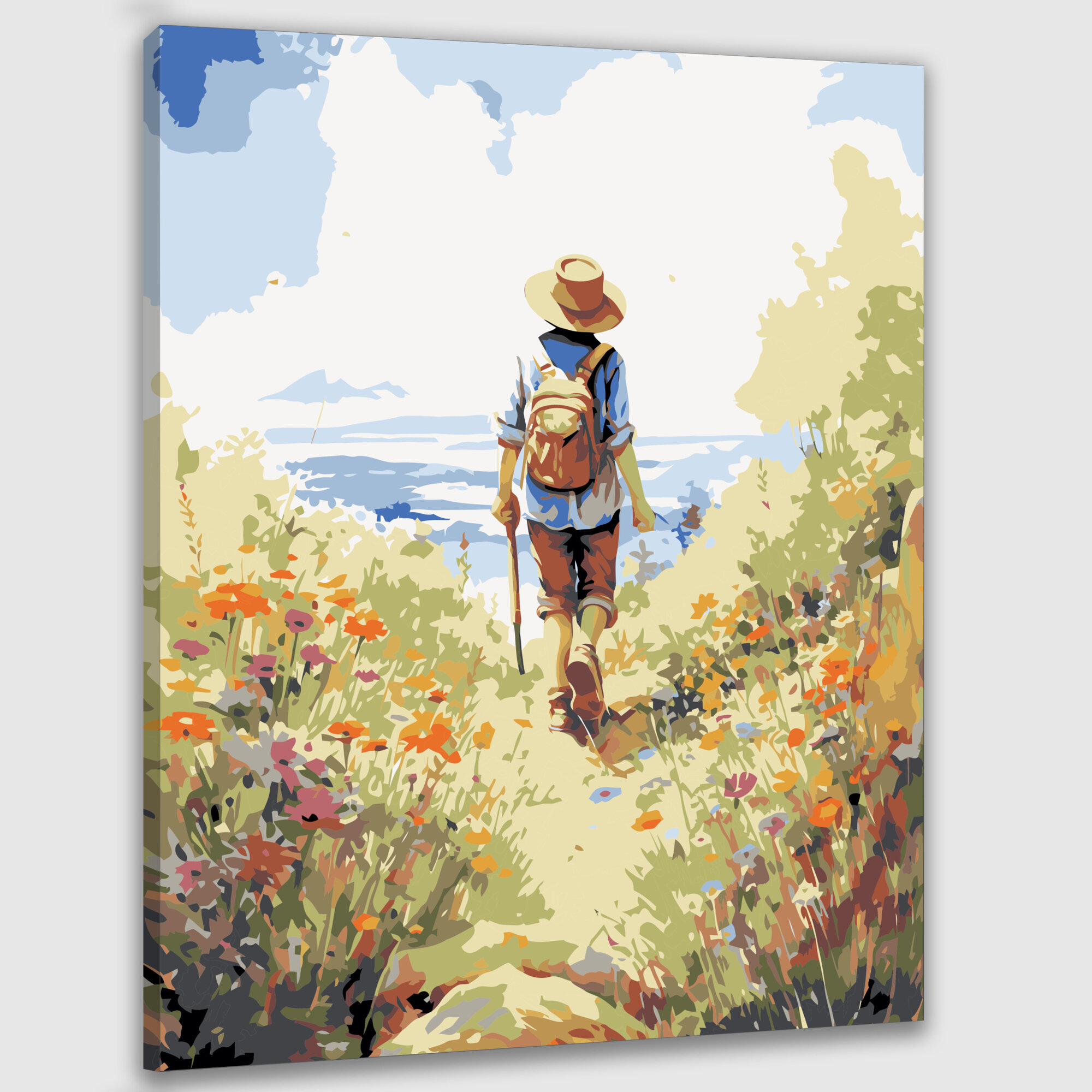 Картина по номерам 40x50 см, акварельная картина, мальчик, соломенная шляпа, рюкзак, приключение, луг, солнце