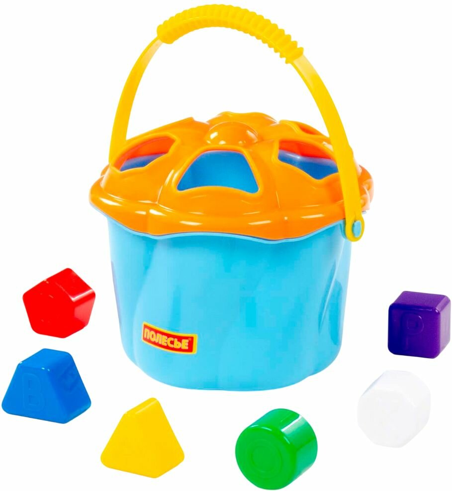 Сортер "Ведро Сюрприз", детская развивающая логическая игрушка для малышей, по методике Монтессори, 6 пластиковых элементов, в сеточке, цвет голубой