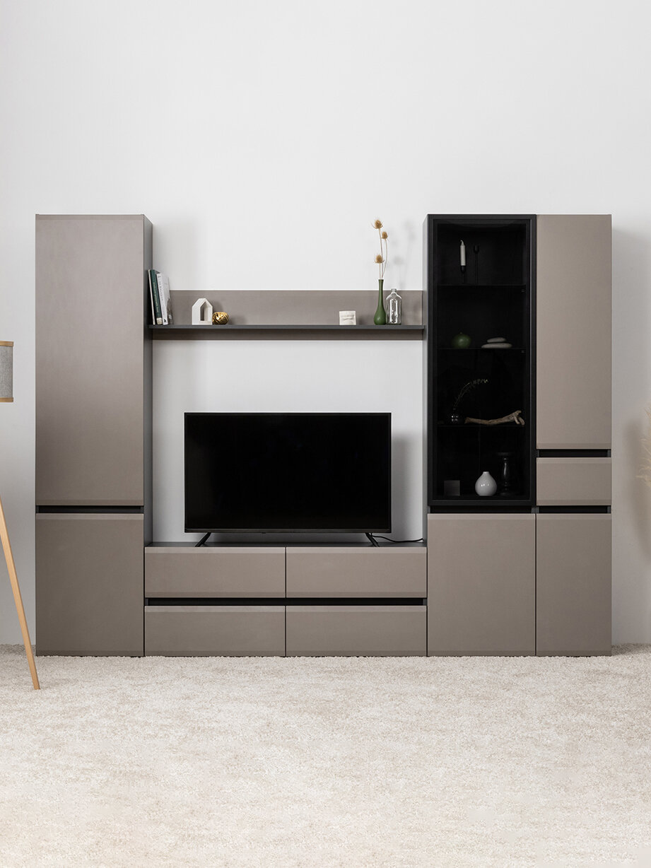 ARNIKA Стенка в гостиную Сидней, тумба под телевизор, шкаф пенал, витрина, 264.9х41.3х205.2 см, коричневый, кофейный, черный