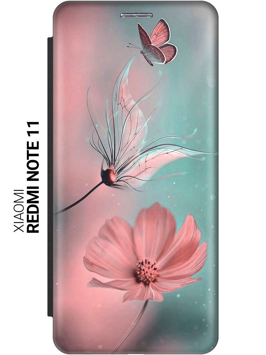 Чехол-книжка на Xiaomi Redmi Note 11, Note 11S, Сяоми Редми Ноут 11, Ноут 11С c принтом "Бабочка и цветы" черный
