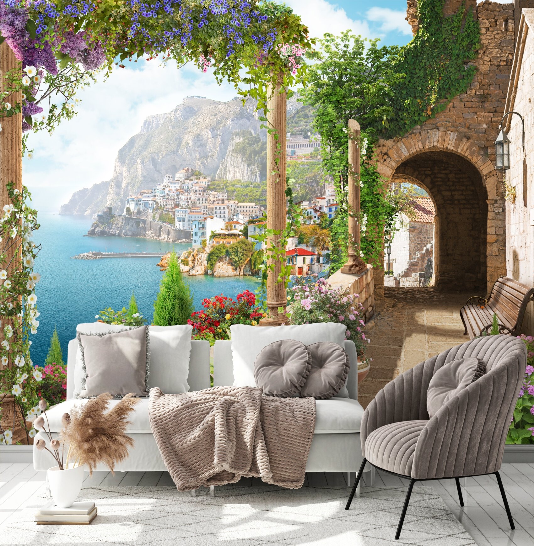 Флизелиновые фотообои, фреска "Итальянский дворик с аркой и видом на море" 300х270 см для спальни, в коридор, гостиной