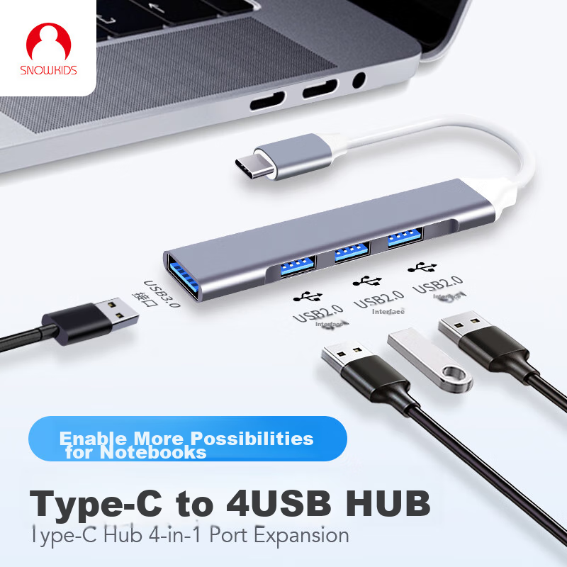 Snowkids Type-C Expansion Dock Converter, Apple Macbook Huawei Phone, Four-In HUB Splitter, USB-C Adapter, Expansion Dock