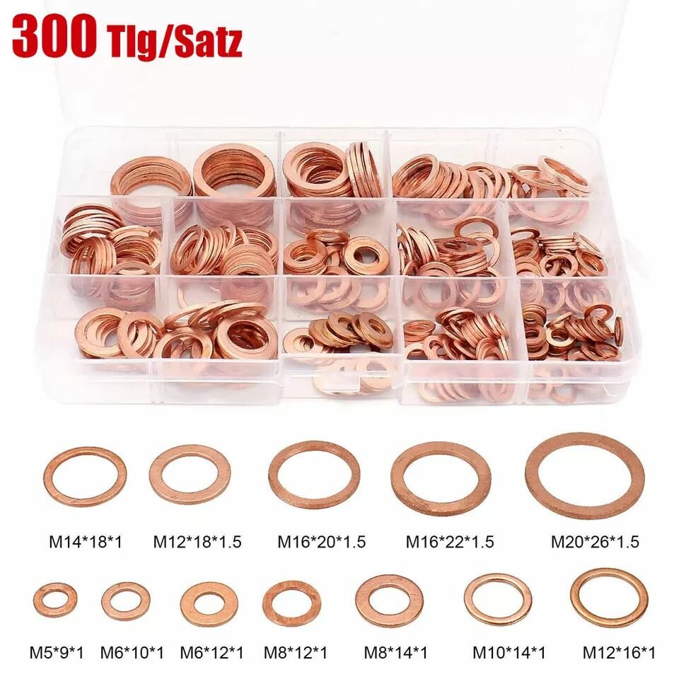Набор медных шайб, медные уплотнительные кольца набор, 300 шт