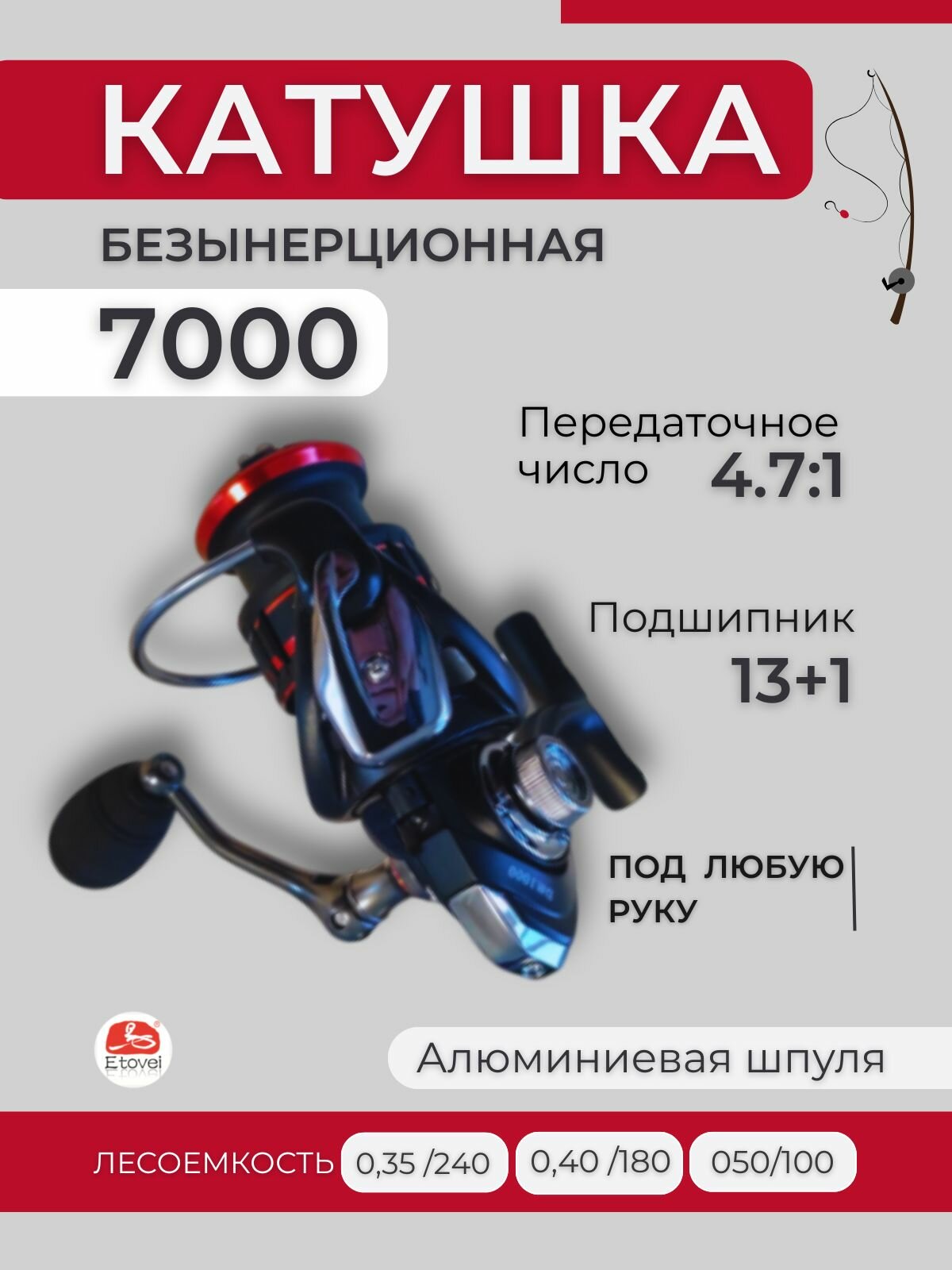 Катушка для зимней удочки FISHING MASTER DM-DW7000 с алюминиевой шпулей, 13+1 подшипник
