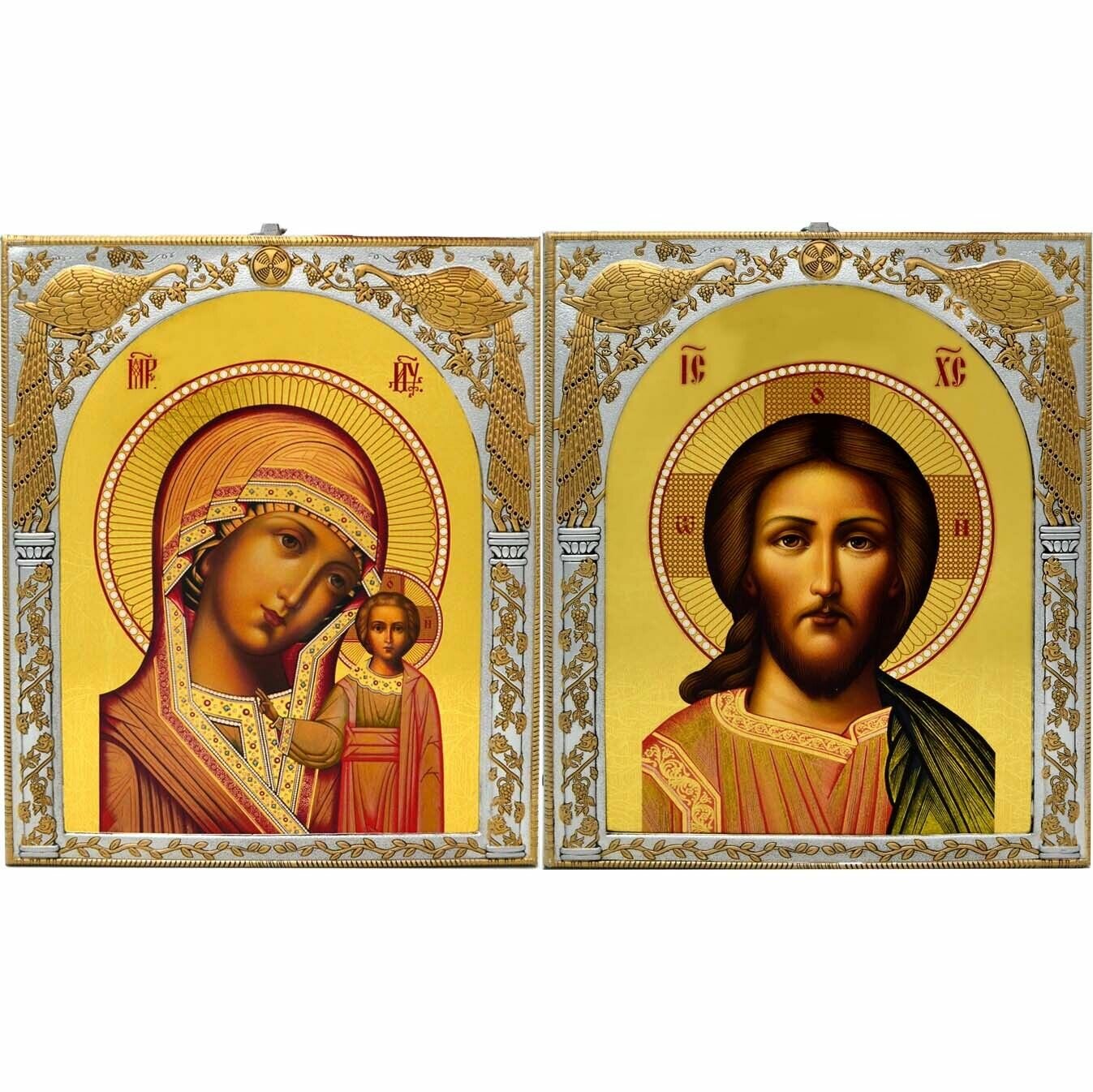 Иконы Спасителя и Божией Матери Казанской в серебряных окладах. (15 х 18 см / В серебряном окладе)