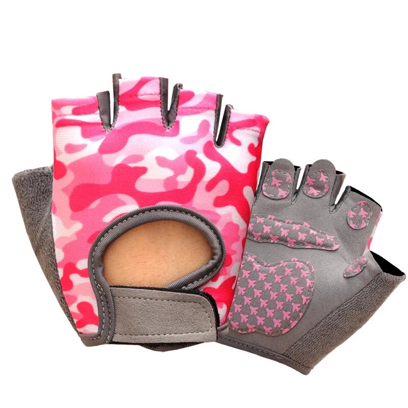 Детские перчатки на полпальца для занятий спортом на открытом воздухе детские велосипедные защитные Нескользящие дышащие тонкие перчатки для мальчиков и девочек на весну и лето Розовый, М, Camouflage pink