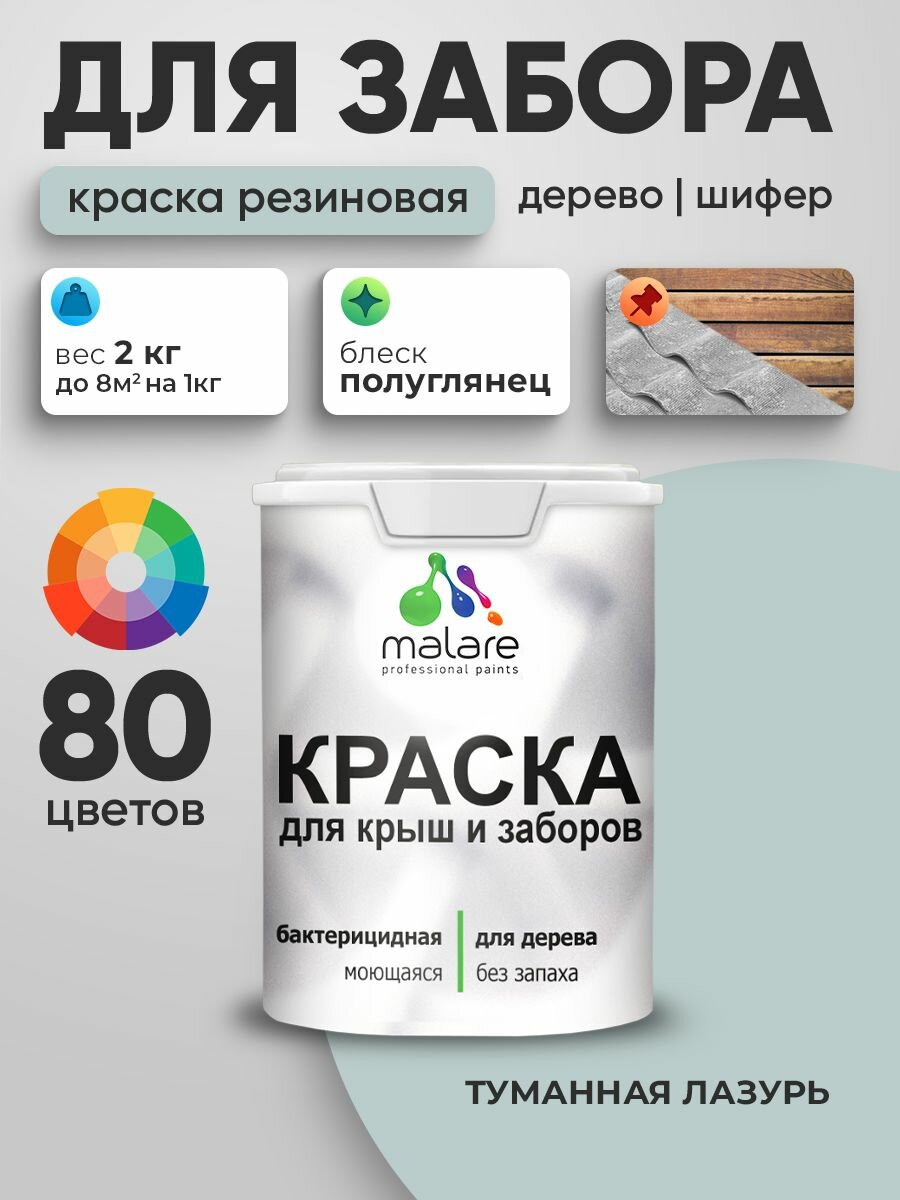 Резиновая краска Malare для деревянного забора/ по дереву для наружных и внутренних работ/ быстросохнущая моющаяся без запаха полуглянцевая, туманная лазурь, 2 кг.