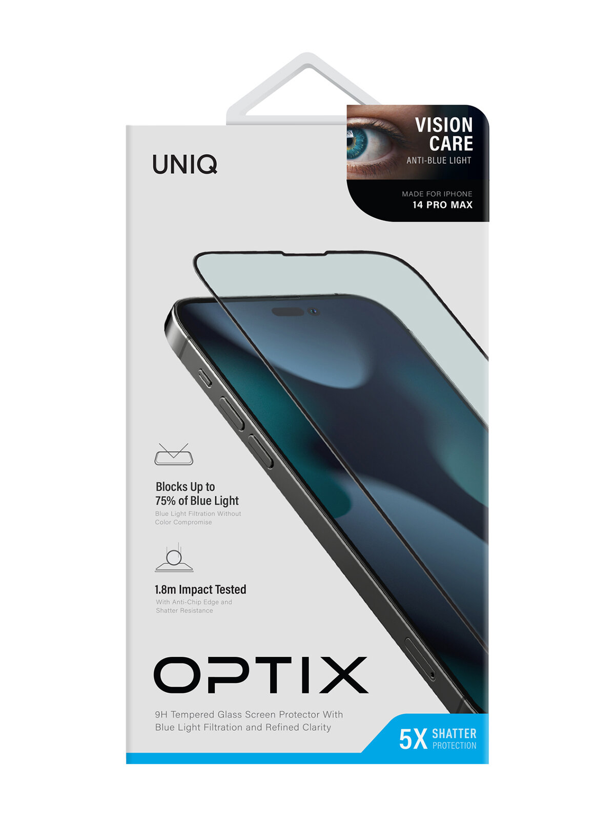 Защитное стекло Uniq OPTIX Vision care (anti-blue) для iPhone 14 Pro Max, черная рамка (+installer)