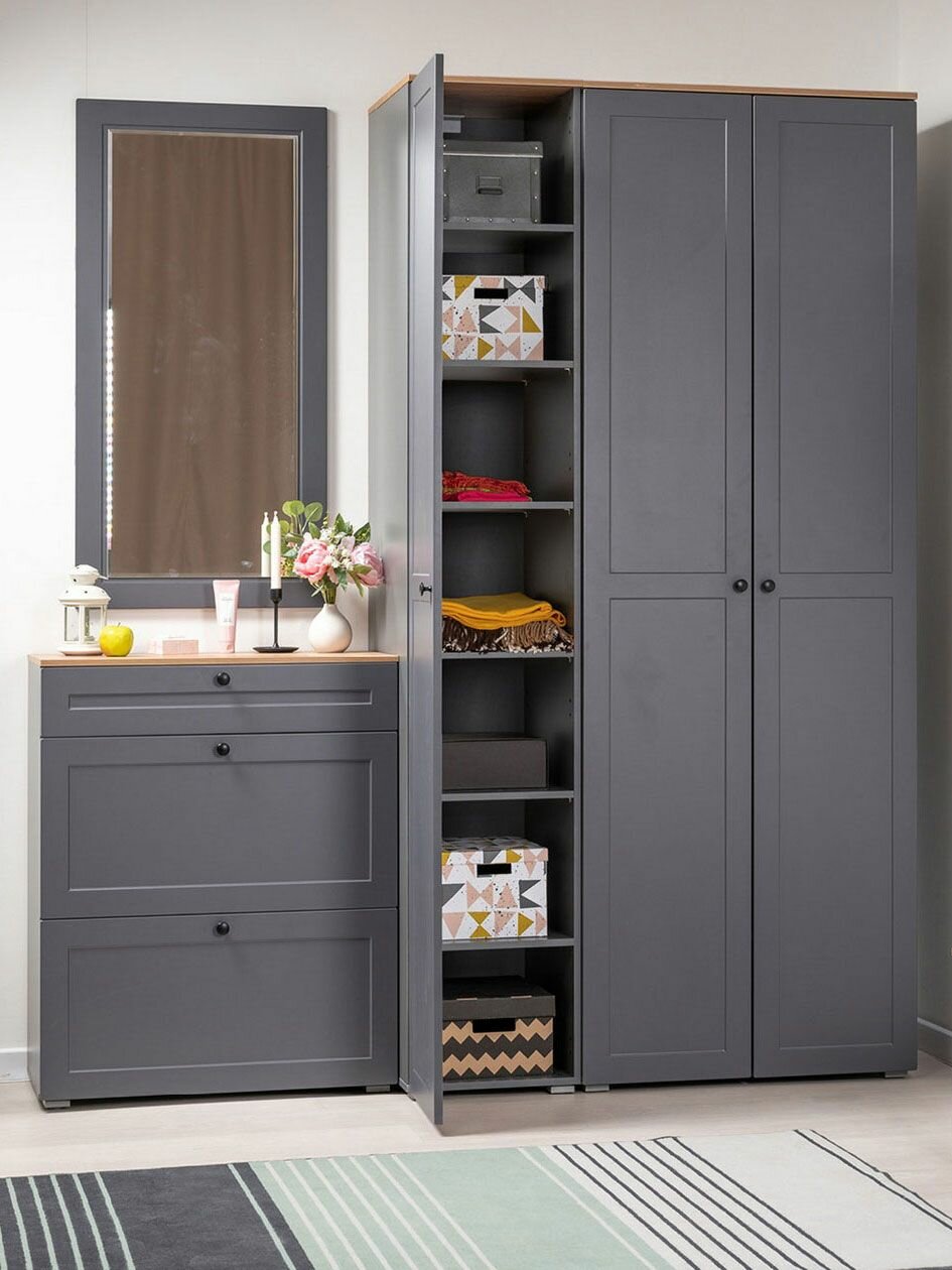 Распашной шкаф-пенал Остин с полками, со штангой, 40х54.3х230 см, Серый графит/Дуб крафт золотой