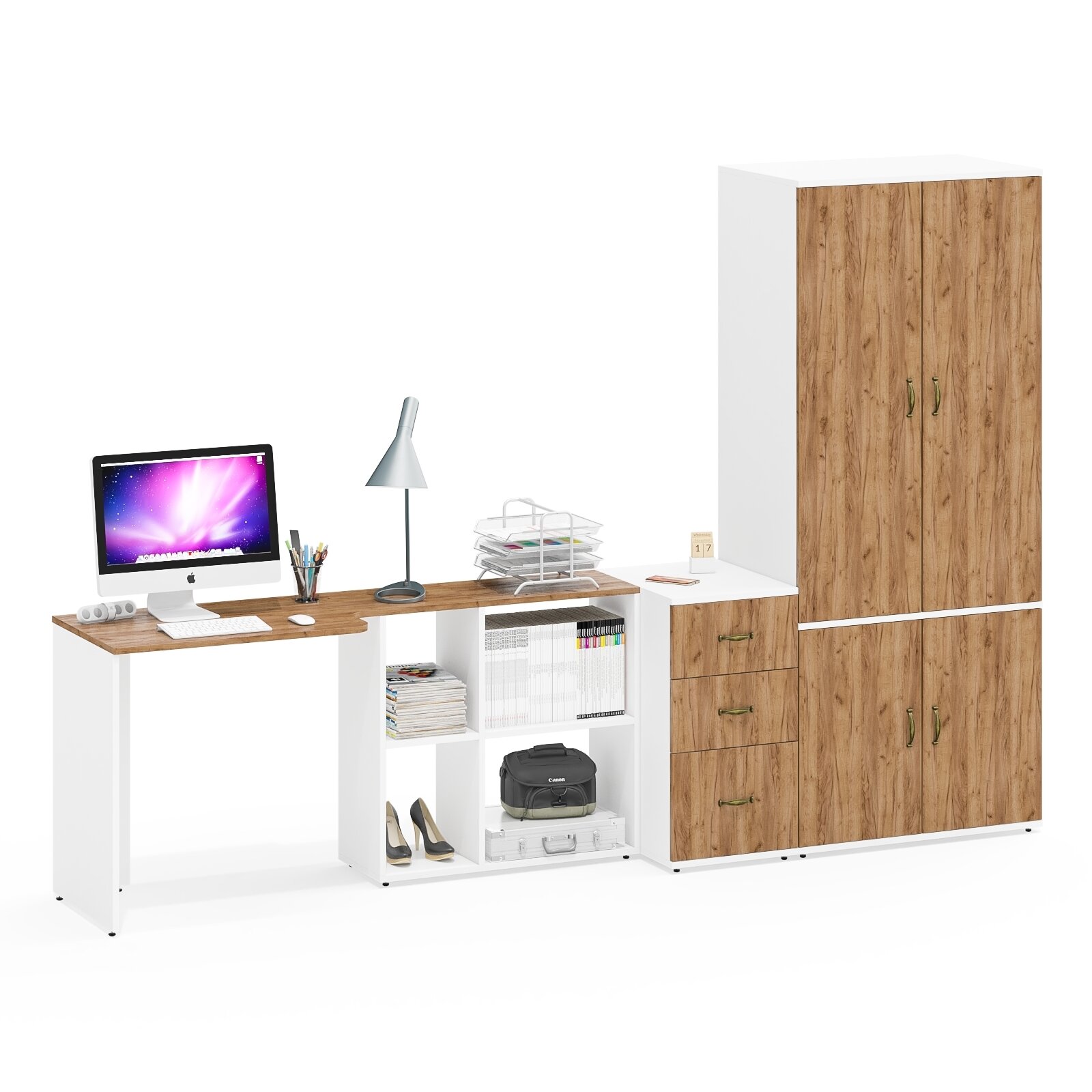 Лидер-8 платяной шкаф с рабочим столом-трансформером и тумбочкой, белый/кр. зол, 285х50х190 см.