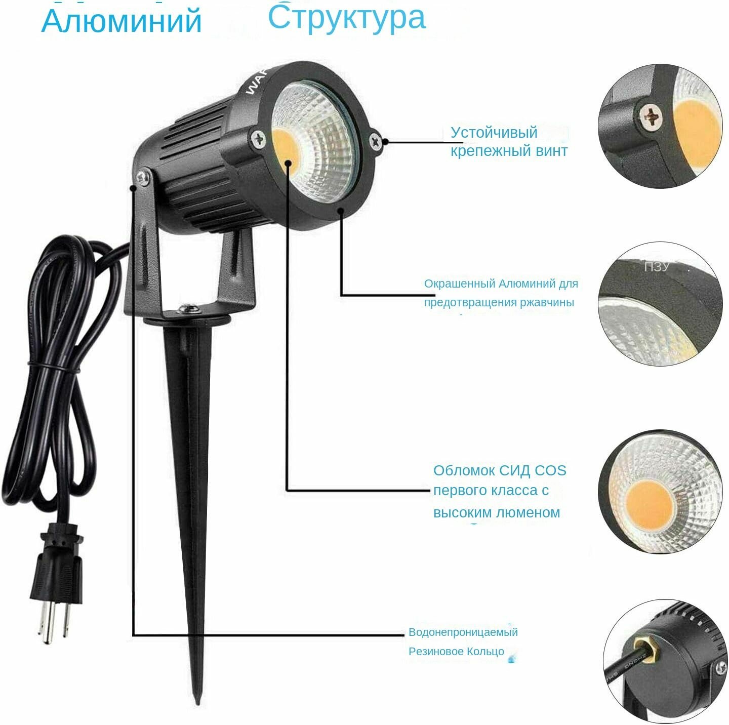 Светодиодный ландшафтный прожектор, водонепроницаемый IP65, дворовый прожектор мощностью 5 Вт AC220V, шнур длиной 1,8 м и 3 штекера в упаковке по 2 штуки