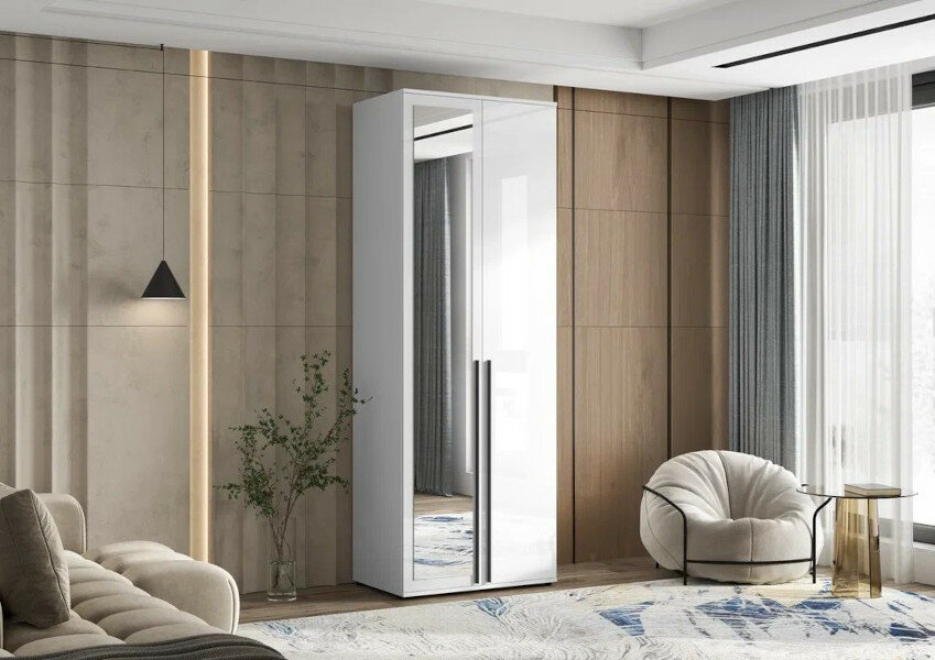 Шкаф 2-х дверный Миф Норд с зеркалом Белый глянец размер 800х510х2236мм