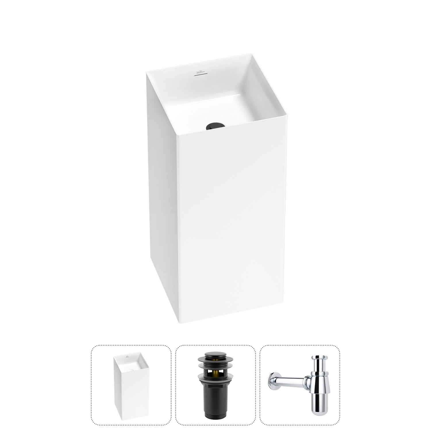 Квадратная напольная раковина для ванной Wellsee Pure BY Wellsee 20213219R в наборе 3 в 1: напольная отдельностоящая раковина моноблок в цвете белый глянец, донный клапан, сифон (цвет матовый черный)