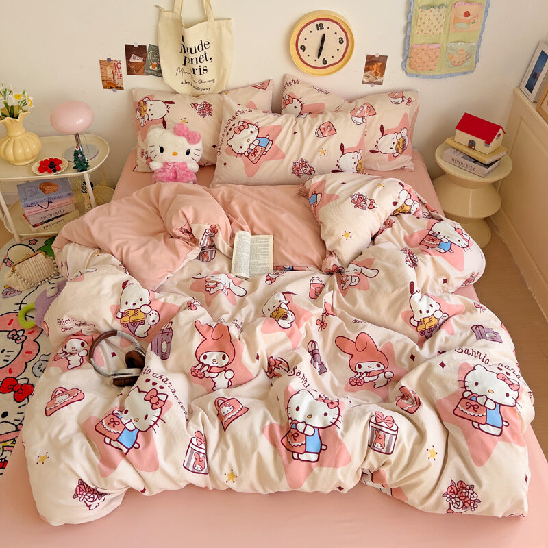 2025 Новый стиль, стираное хлопковое стеганое одеяло с рисунком Sanrio, комплект из четырех предметов, студенческая кровать, комплект из трех предметов, комплект простыней для дома, семьи, 2 * 2,3 м, односпальное стеганое одеяло