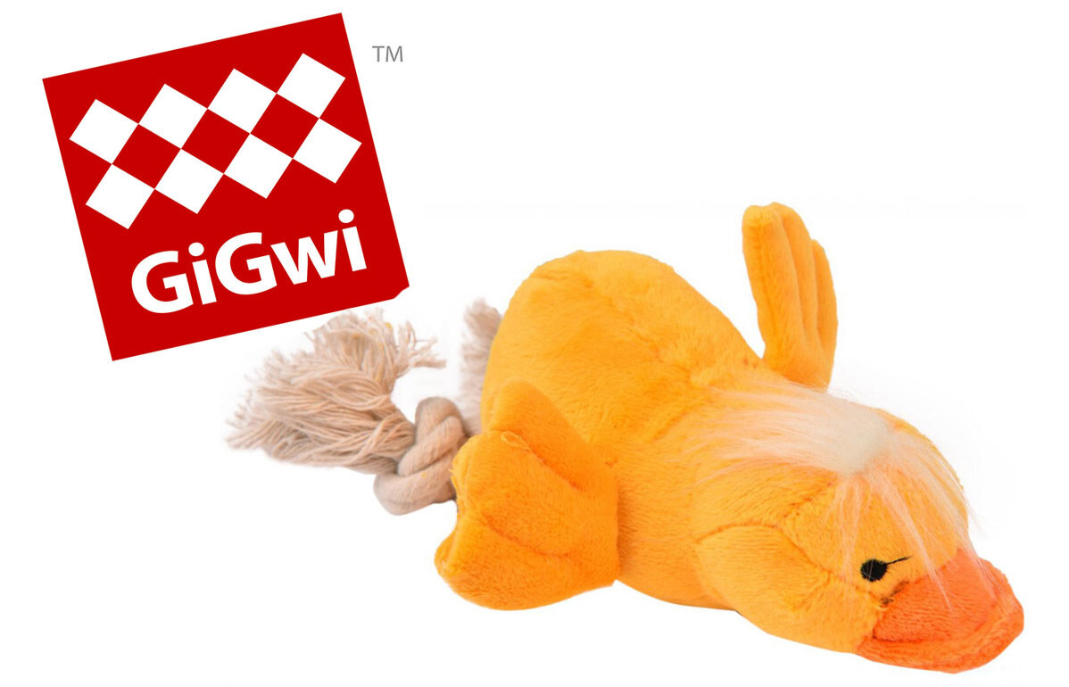 GiGwi Игрушка для собак Утка с пищалкой оранжевая, мягкая, с веревкой