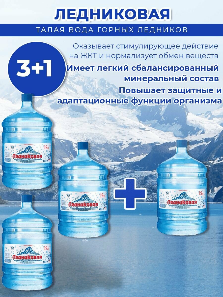 Вода питьевая Ледниковая 19л негазированная (бутыль многоразовая 3 шт.)+1