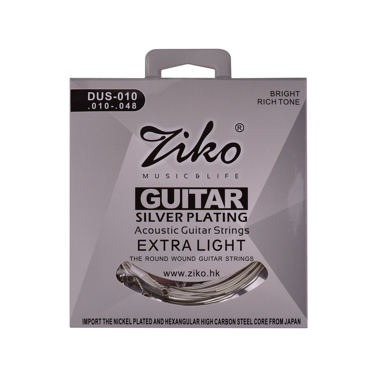 ZIKO DUS-010 Extra Light Acoustic Folk Guitar Strings Hexagon Alloy Wire Silver Plated Wound Corrosion 6 Strings Set 0.010 0.014 0.023 0.029 0.039 0.048 inch 0.25 0.36 0.58 0.73 0.99 1.22 mm 980mm High-Carbon Steel Hexagon Core