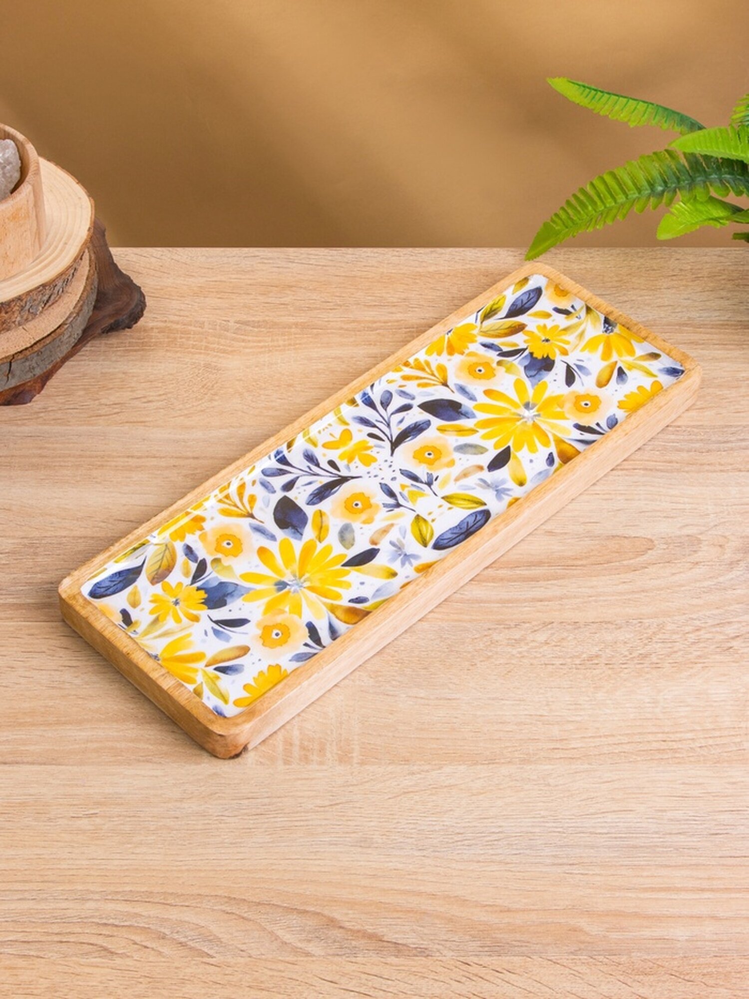 Блюдо прямоугольное «Желтые и синие цветы», 41×15 см, дерево манго