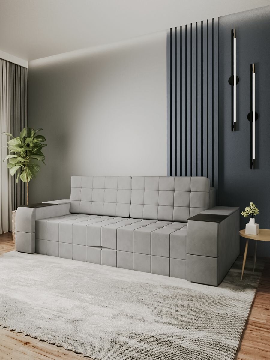 Диван "Аргус" механизм Тик Так Ева 8 серый велюр с ящиками, столом 2600х1520х970 Мебельный рай