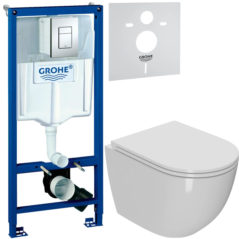 Комплект 3 в 1 Унитаз подвесной Bauedge Bau Dream Hurricane3 / Инсталляция с кнопкой Grohe Rapid SL 38772001 цвет хром / Звукоизоляция 37131000