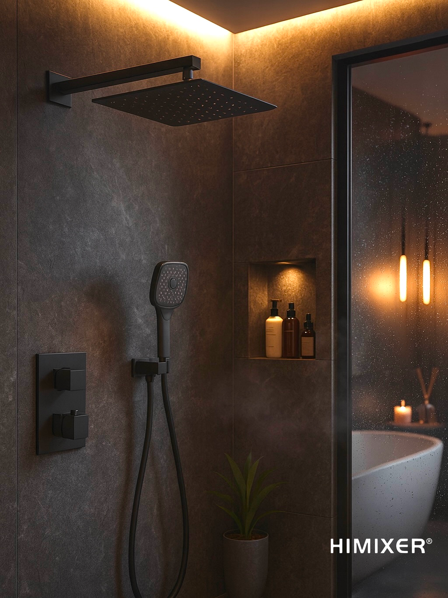 Душевая система с тропическим душем и термостатом, скрытого монтажа, черная матовая