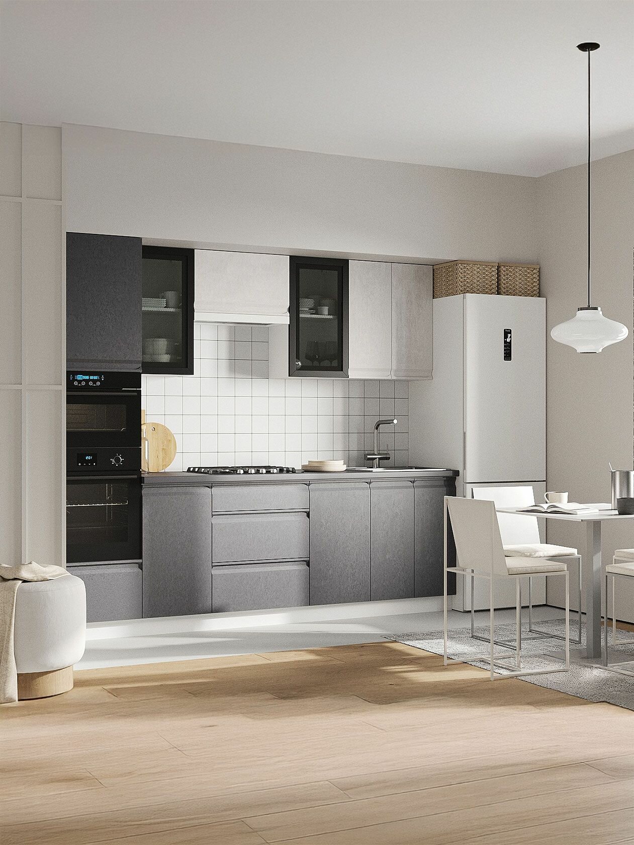 Кухонный гарнитур Велюр 260 см, мебель для дома и кухни, Белый / Бетон снежный / Бетон графит