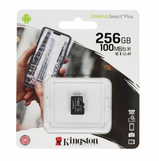 Карта памяти Kingston Canvas Select Plus microSDXC 256 ГБ (SDCS2/256GBSP) - A1, Сlass 10, UHS Class 3, Video Class 30, запись - 85 Мбайт/сек, чтение - 100 Мбайт/сек
