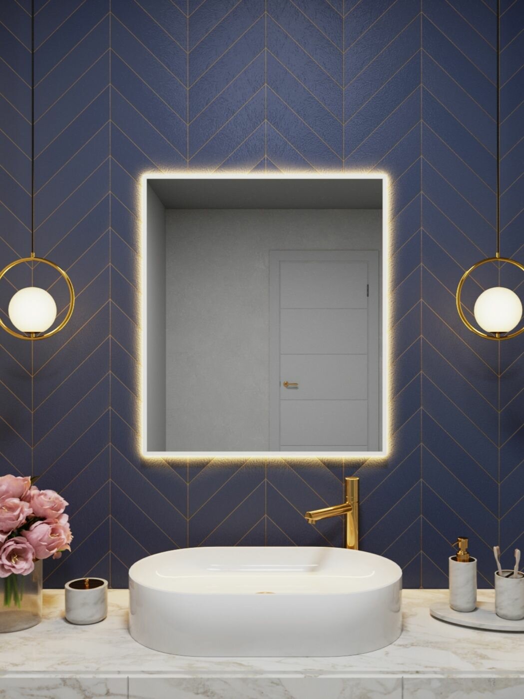 Зеркало в ванную 80х60 см. белое с подсветкой. Свет: Теплый белый 3000К В алюминиевой раме настенное MOONRISE