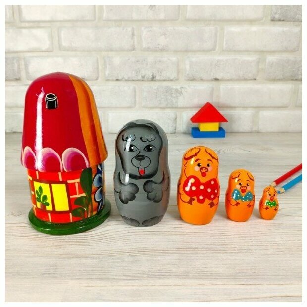 Матрешка Нескучные Игры "Три поросёнка", ручная роспись, дерево, 5 шт