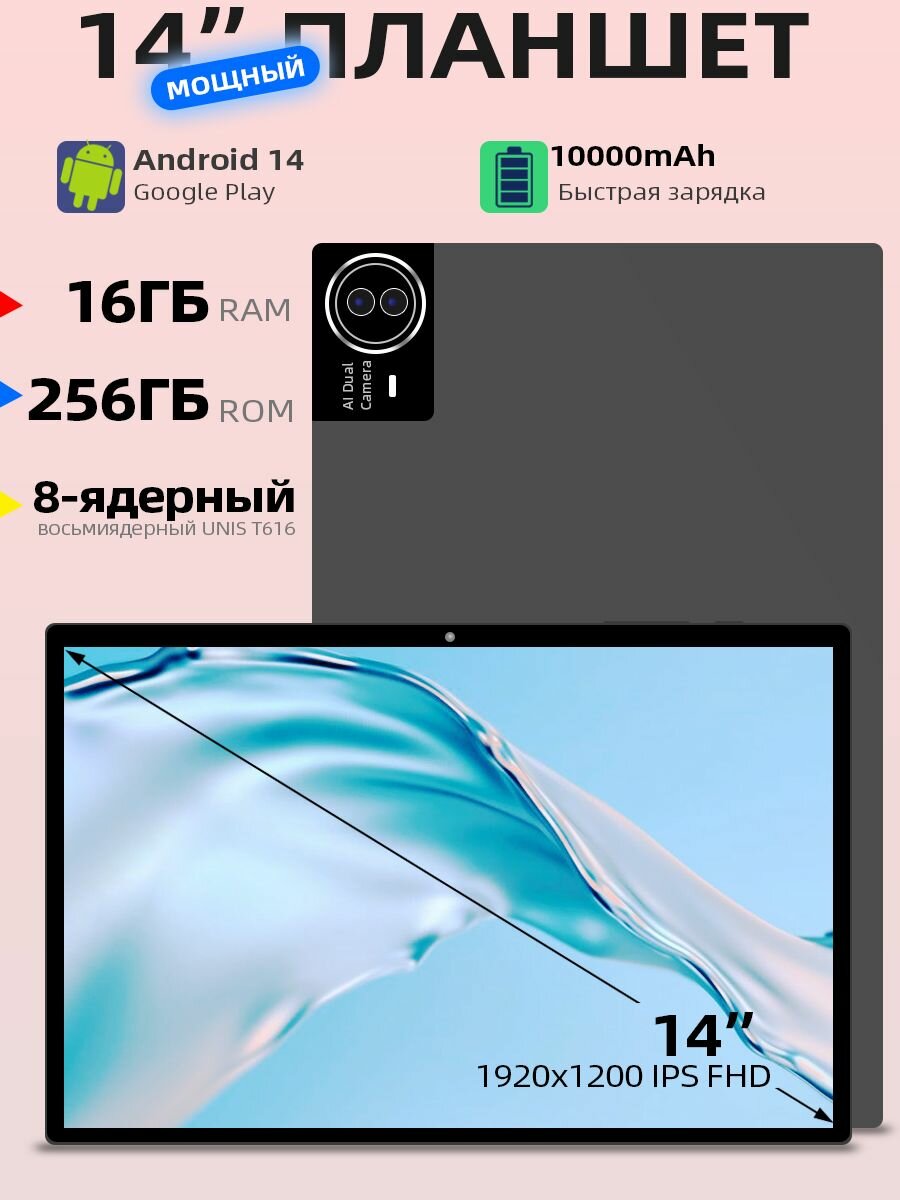 14 дюймовый планшетный ПК на базе Android, 16 ГБ + 256 ГБ, 4G LTE, 5G Wi-Fi, 1920x1200 IPS FHD, Play Store