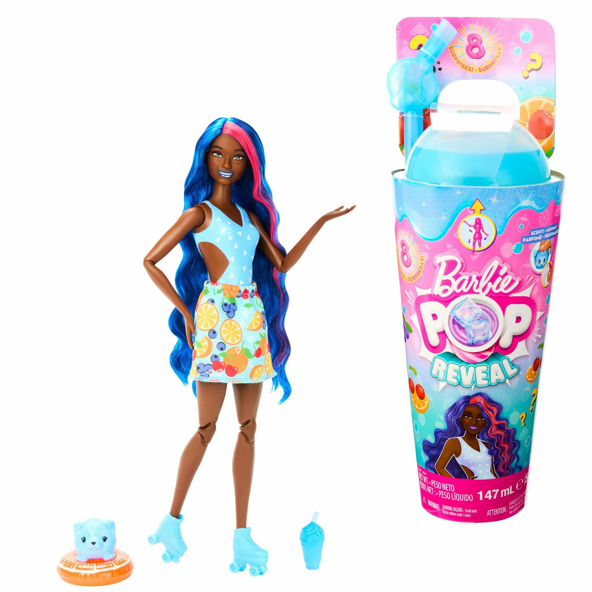 Кукла Barbie Pop Reveal Fruit Series Fizz, 8 сюрпризов, в том числе питомец, слайм, аромат и изменение цвета