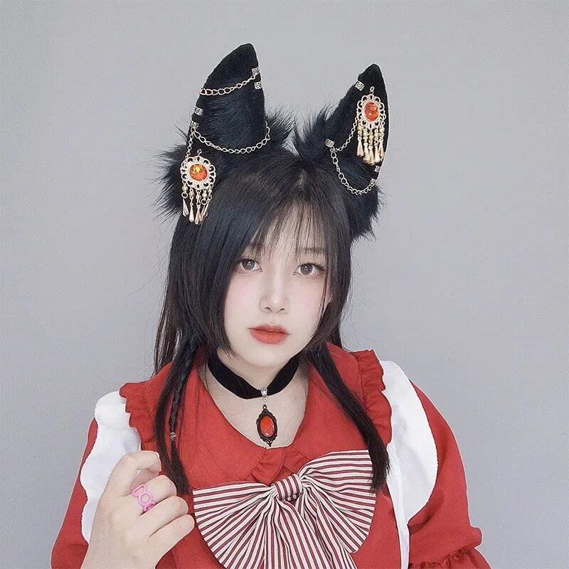 Темный панк, головной убор для косплея, аксессуары в стиле аниме, повязка на голову с пушистыми волчьими лисьими ушками, обруч для волос в стиле аниме, повязка на голову для косплея, реквизит для вечеринки
