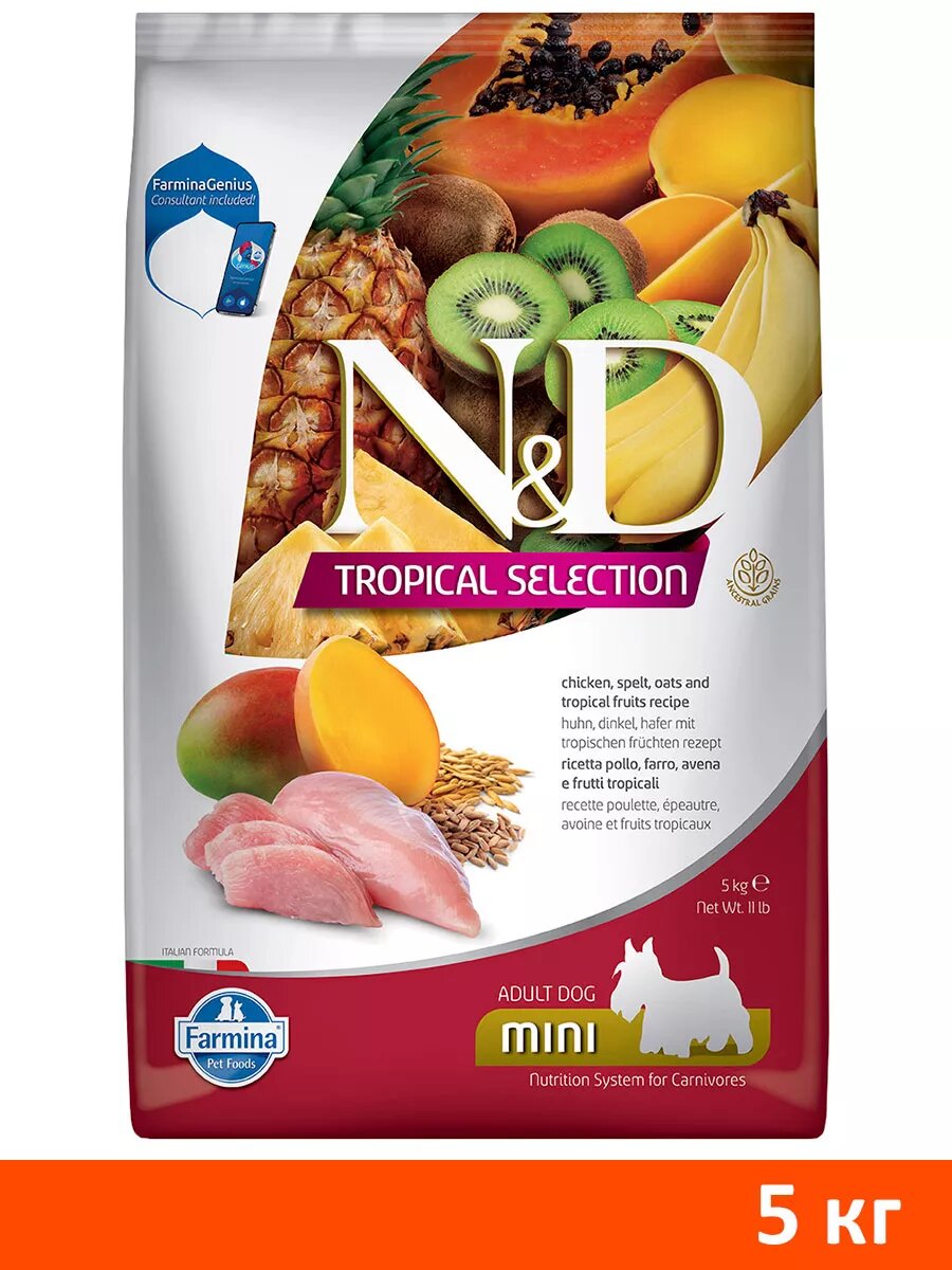 Корм сухой Farmina Dog N&D Tropical Selection Adult Mini Chicken для взрослых собак маленьких пород курица, 5 кг