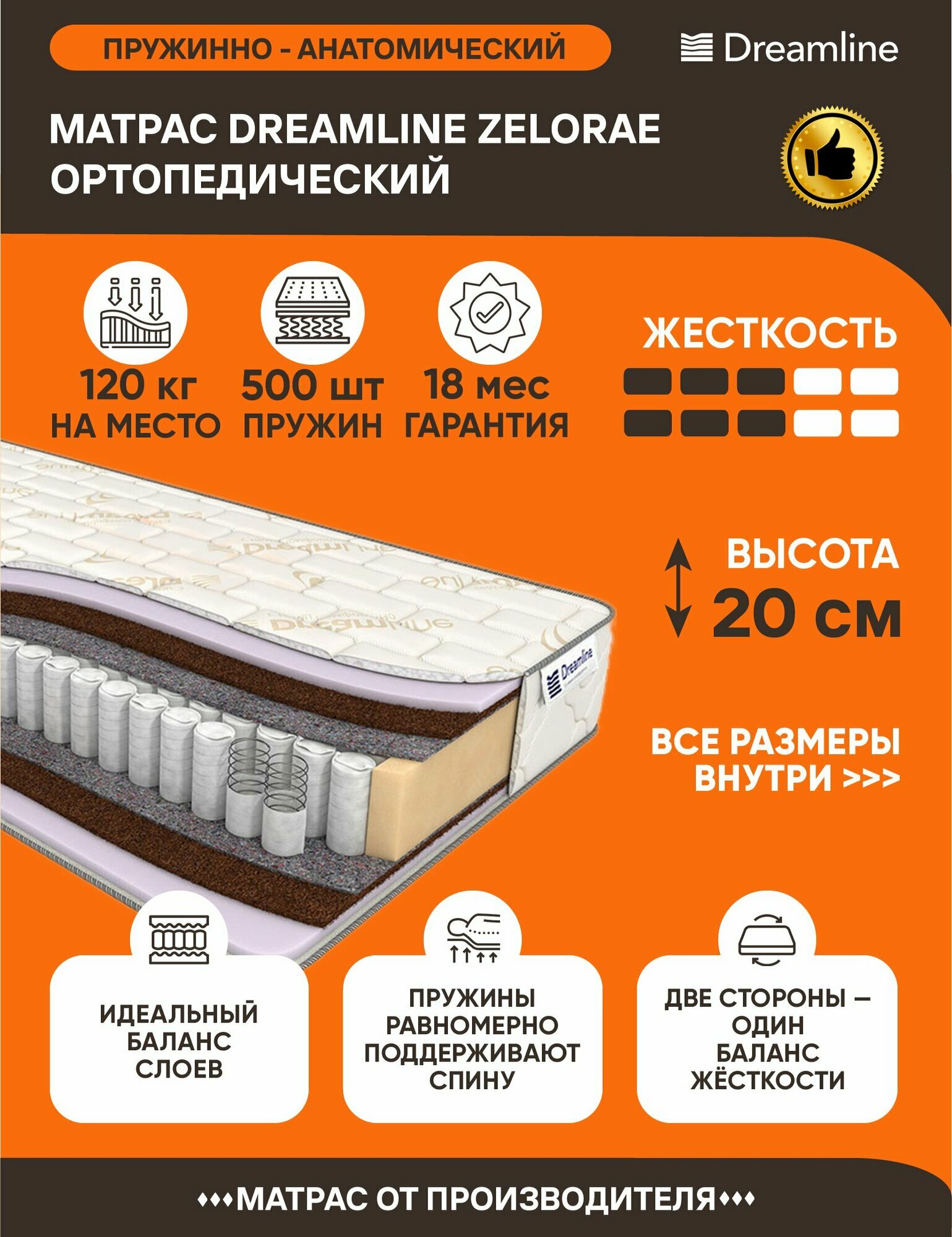 Матрас Dreamline Zelorae 80х185 высота 20 см анатомический средней жесткости Независимые пружины