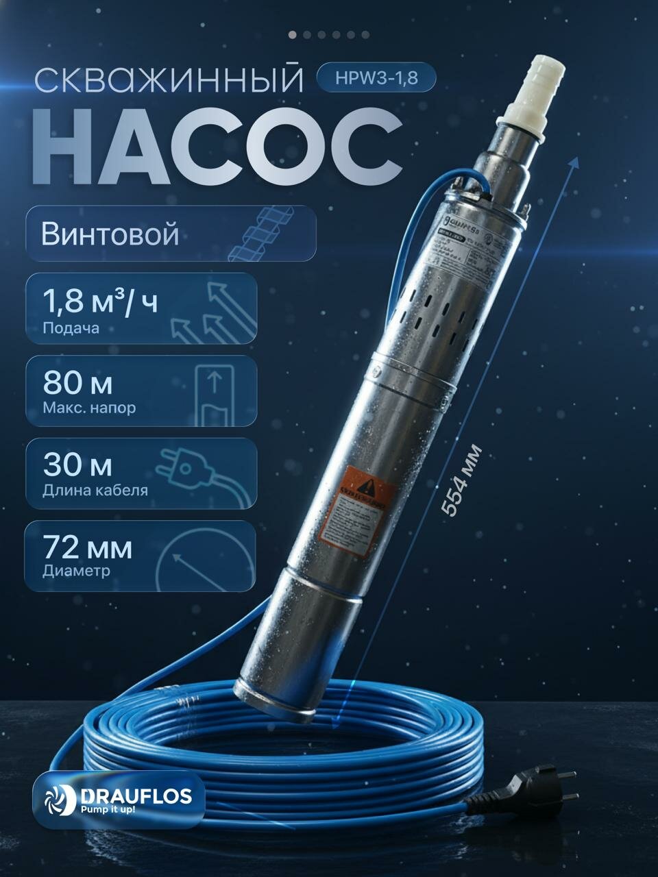 Скважинный погружной винтовой электронасос Drauflos 3 дюйма; 1800 л/час; напор 80м; кабель 30м с евровилкой; патрубок 1 дюйм