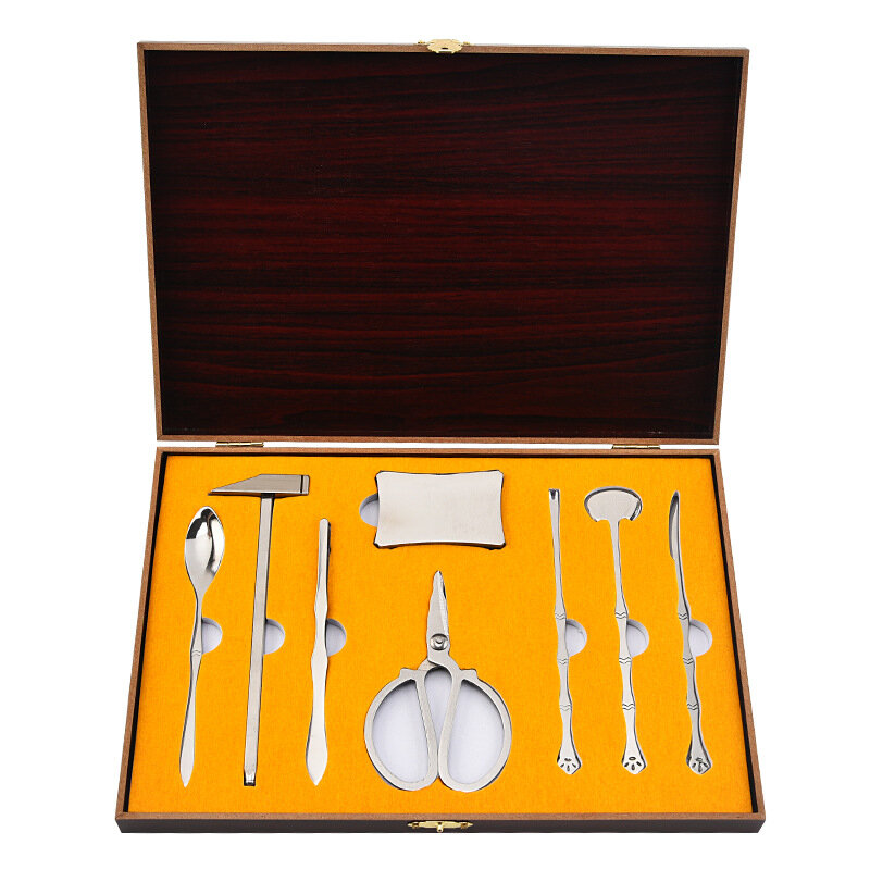 Нержавеющие инструменты для еды крабов, набор из восьми предметов, ножницы для крабов, вилка для крабов, ложка для крабов, подарочная коробка из красного дерева