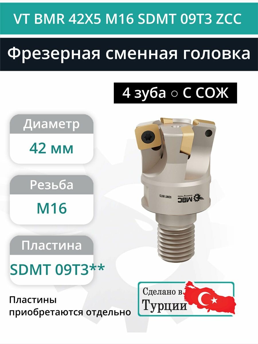 VT BMR 42X5 M16 SDMT 09T3 ZCC фрезерная сменная головка 42 мм с резьбой M16 / с СОЖ