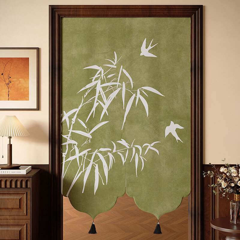 Занавеска для двери в новом китайском стиле, секционная с карнизом, без сверления, с принтом бамбукового птичьего стиля, перегородка