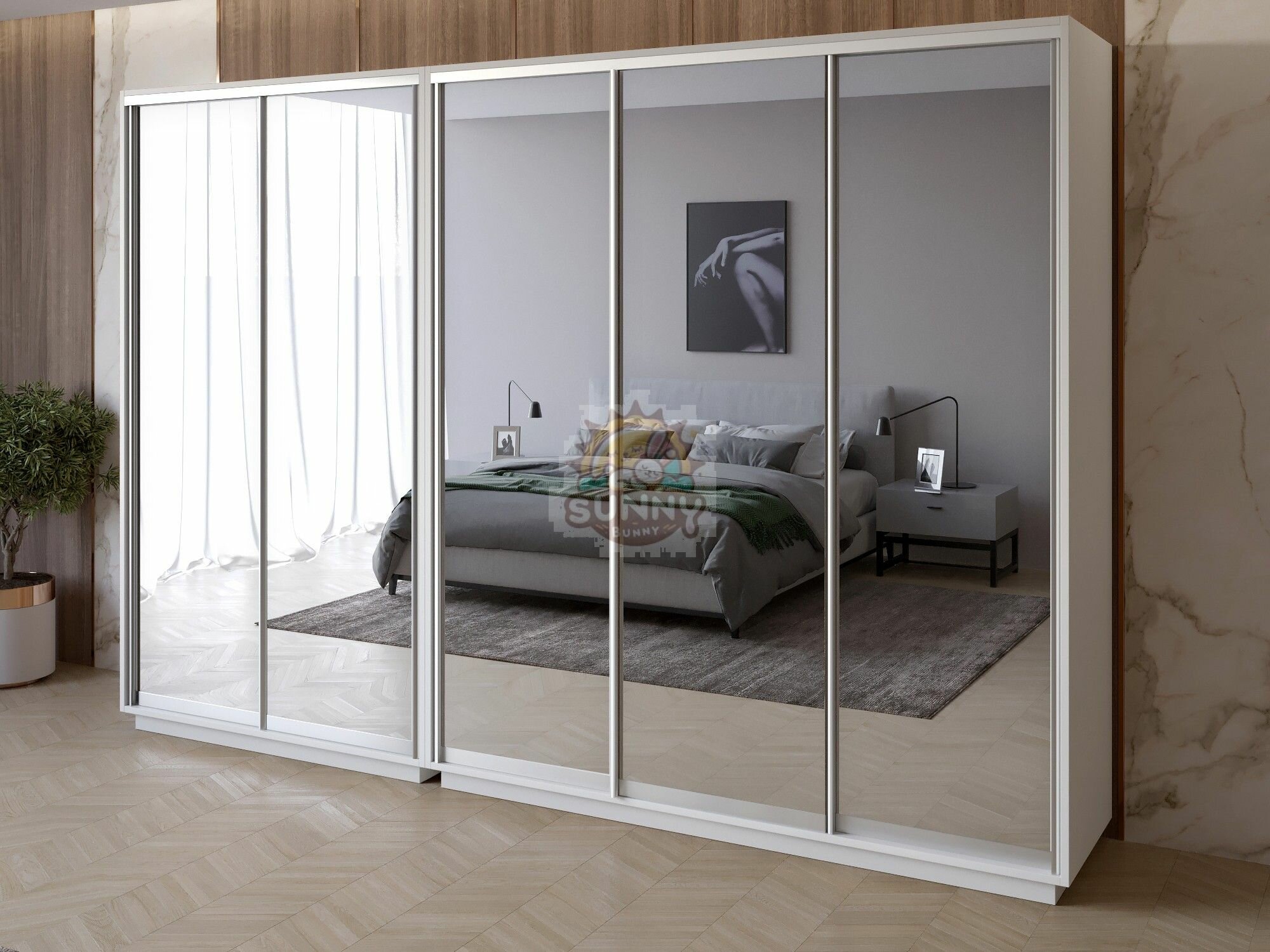 Шкаф-купе Вилли 5-ти дверный модульный (лайт2+3) зеркальные двери, профиль серебро, 300х60х220 см. Белый снег