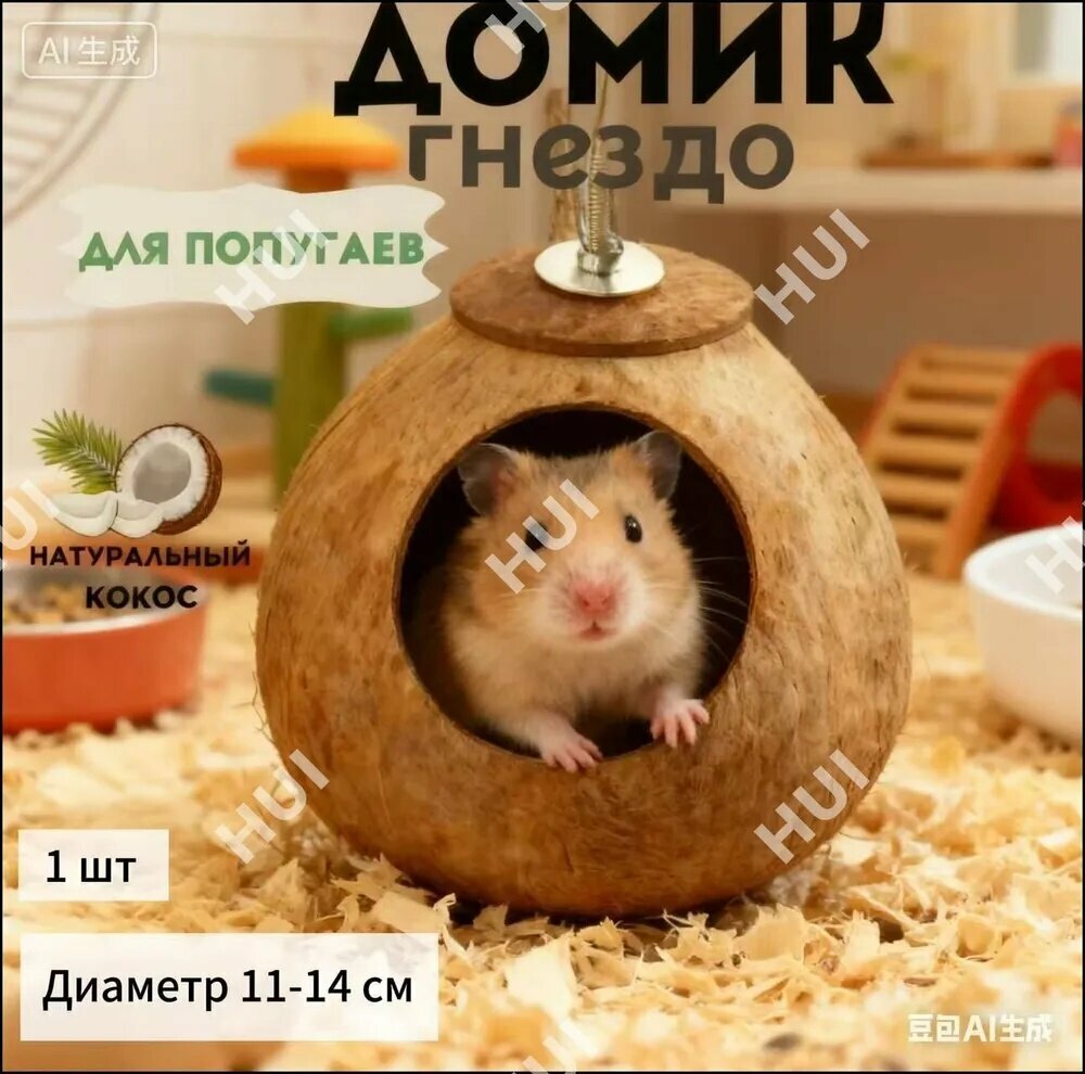 Эксклюзивное гнездо для хомяков выполнено из цельного кокоса и его частей, диаметр составляет 1013 см, в комплекте 1 штука