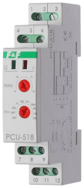 Реле времени PCU-518 8А 230В AC/24В AC/DC 1п IP20 многофункц. с выносн. потенциомметром монтаж на DIN-рейке F&F EA02.001.024