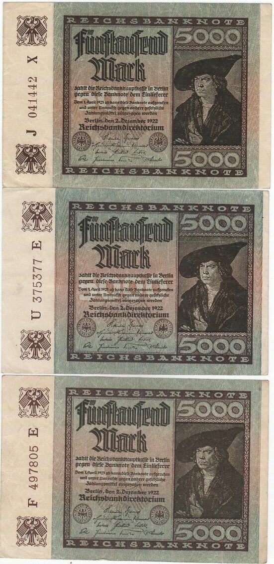 1922 3 штуки по 5000 марок Набор банкнот Германия Разные виды водяных знаков Выпуск №4 XF