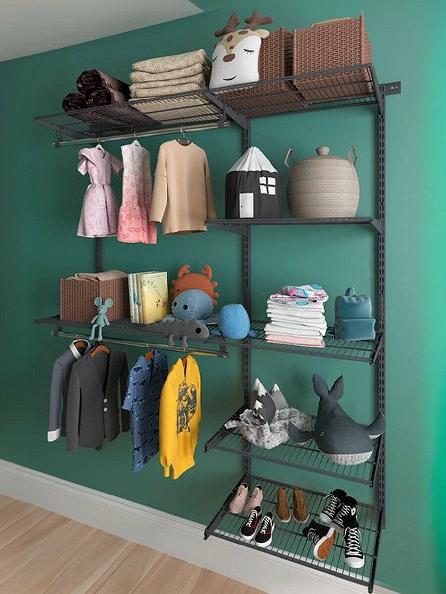 Гардеробная система для хранения металлическая Практик Optima G150 в цвете гладкий графит (RAL 7016), 2050x1600x450мм