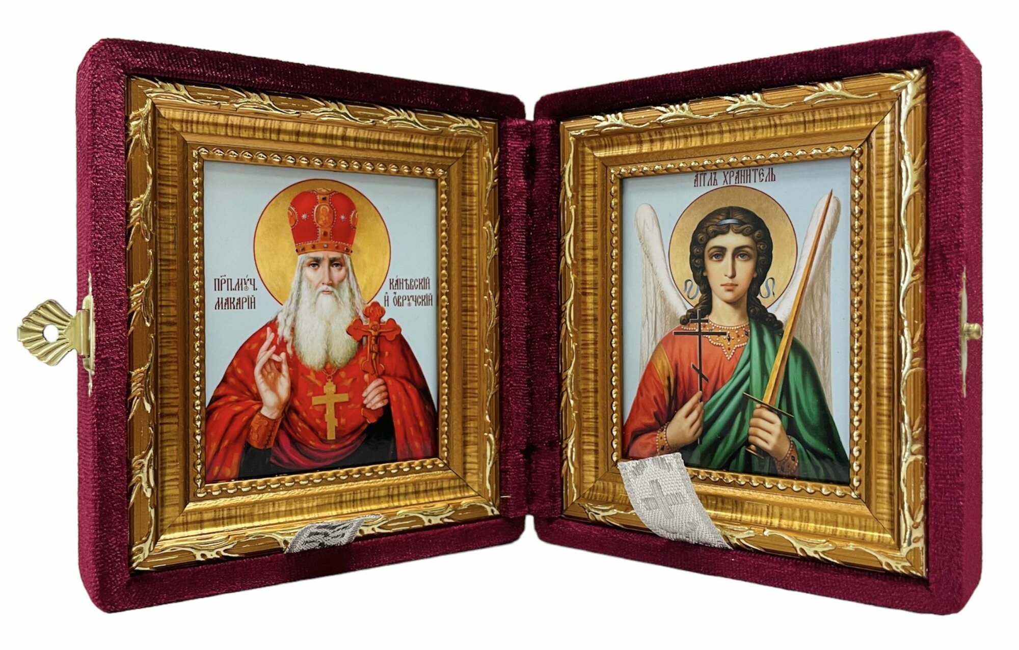 Икона Складень Макарий (Макар) Каневский, Пинский, овручский, Переяславский, Преподобномученик и Ангел Хранитель в бархатном футляре, 10х11 см