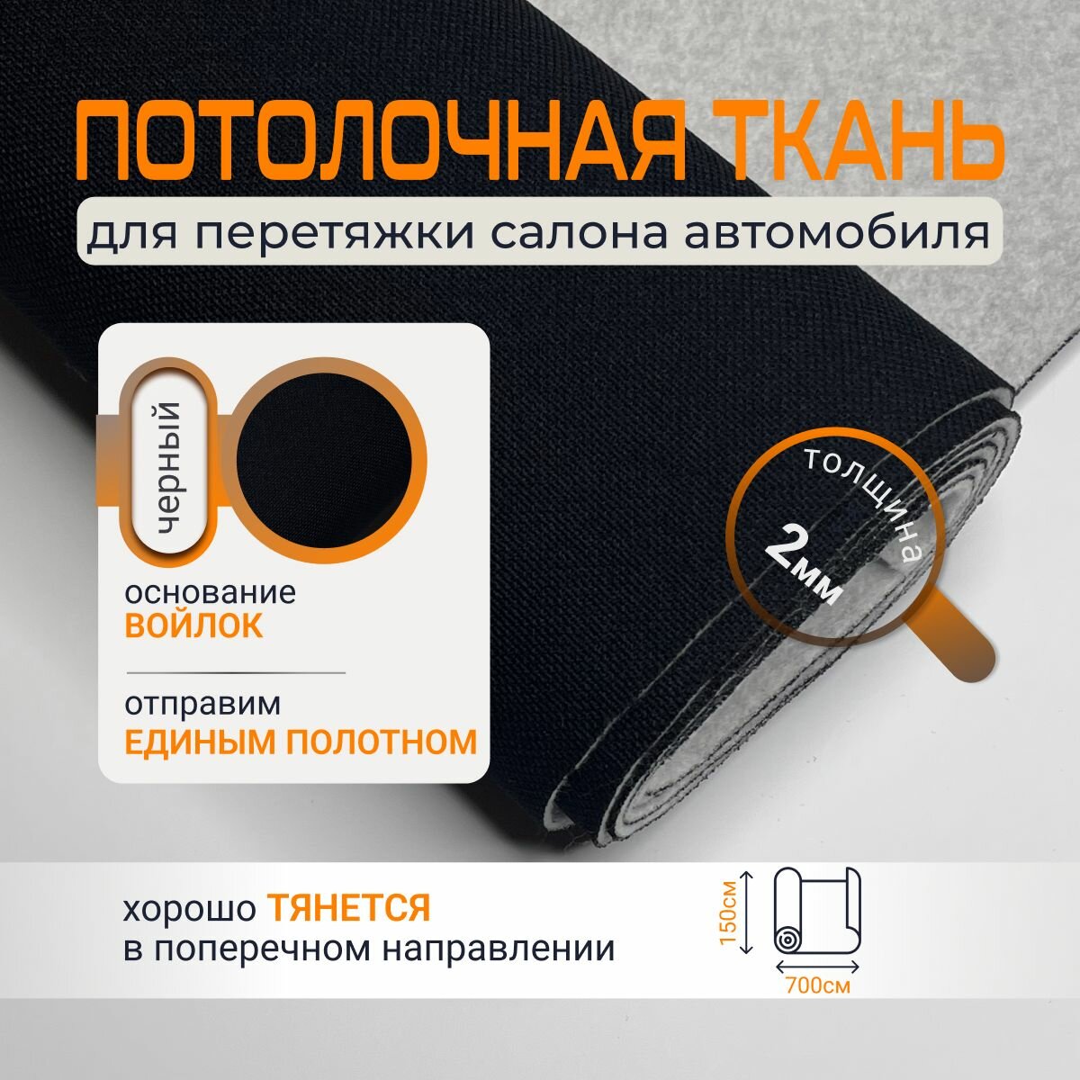 Потолочная ткань для автомобиля сетка - черная - толщина 2мм - 7 пог. м - 700х150см - обивочный материал для перетяжки салона
